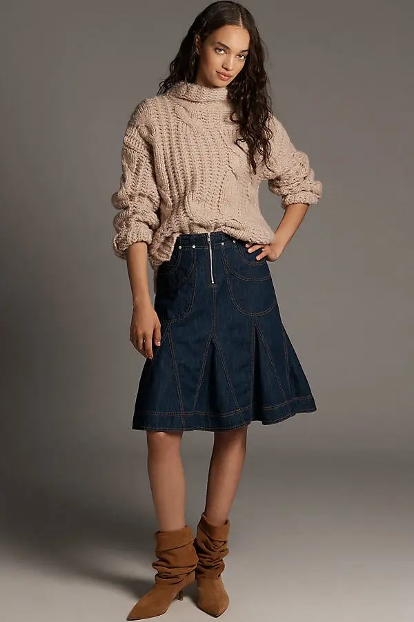 Pilcro Fluted Knee-Length Skirt - Dark Denim | Editorialist